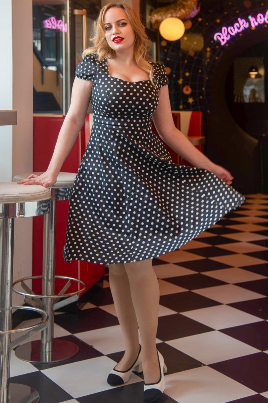Claudia Flirty Fifties Style Dress In Black/White - Kitty Darling